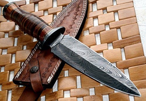 Damascus Steel Dagger Knife - Leather & Rose Wood Handle - Poshland ...